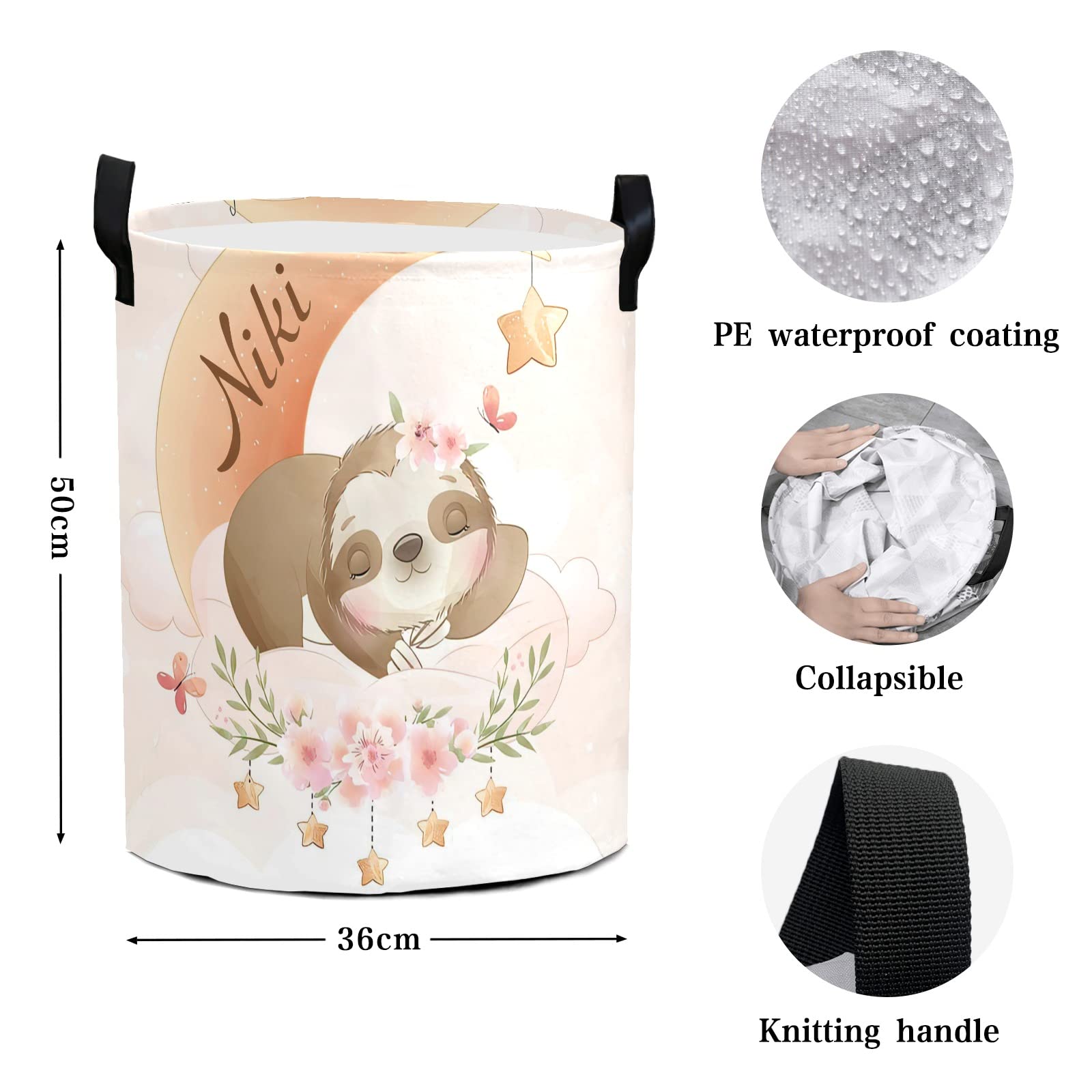 Cute Sloth Floral Round Storage Basket Personalized Name Laundry Basket Waterproof Nursery Hamper with Handle for Living Room Bedroom and Clothes