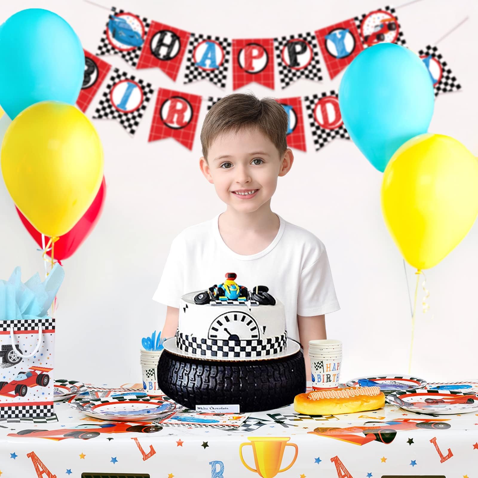 WERNNSAI Racing Car Tablecloth - 108" x 54" Disposable Plastic Rectangular Checkered Table Covers for Kids Birthday Game Sports Events Race Car Party Supplies