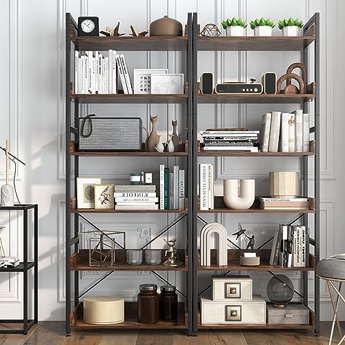 Tangkula 6-Tier Bookshelf, 70β Tall Industrial Bookcase w/Open Shelves & 4 Hooks, Storage Rack w/Metal Frame, Vintage Standing Display Rack for Study Living Room Kitchen (Rustic Brown, 6-Tier)