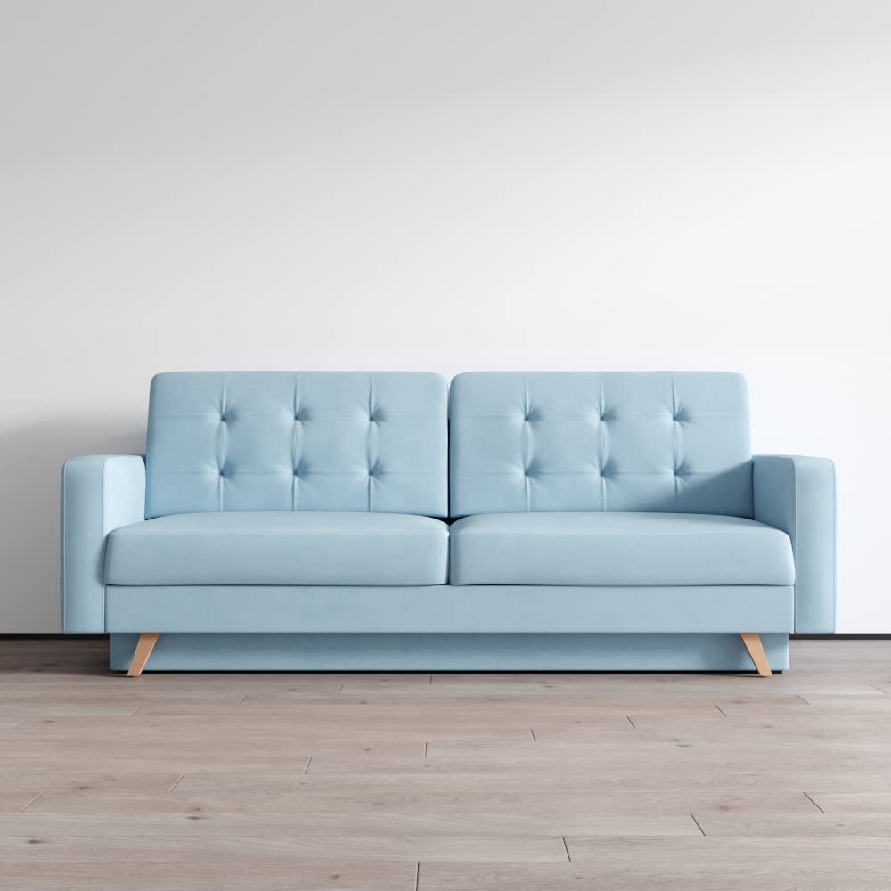 Meble Furniture Modern Mid-Century Sleeper Sofa - Queen Size Convertible Sofa Bed with Spacious Under-Seat Storage - Stylish and Comfortable Storage Sofa for Living Room - Blue