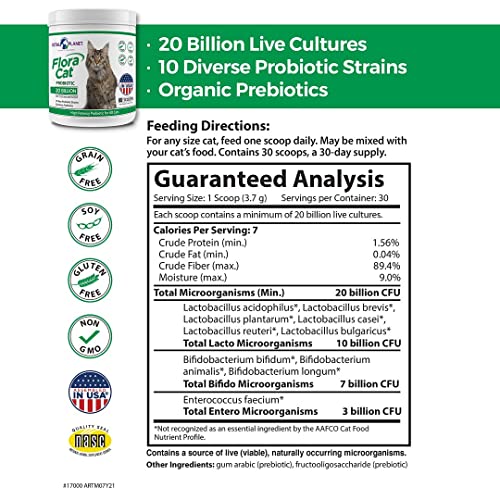Vital Planet - Flora Cat Probiotic Powder Supplement with 20 Billion Cultures and 10 Diverse Strains High Potency Probiotics for All Cats for Feline Digestive and Immune Support 30 Scoops 3.92 oz