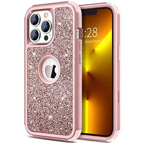 Hython Case for iPhone 13 Pro Max Case Glitter, Cute Shiny Bling Sparkle Cover, Heavy Duty 3 in 1 Hybrid Hard PC Soft TPU Bumper Full Body Shockproof Protective Phone Cases for Women Girls, Rose Gold