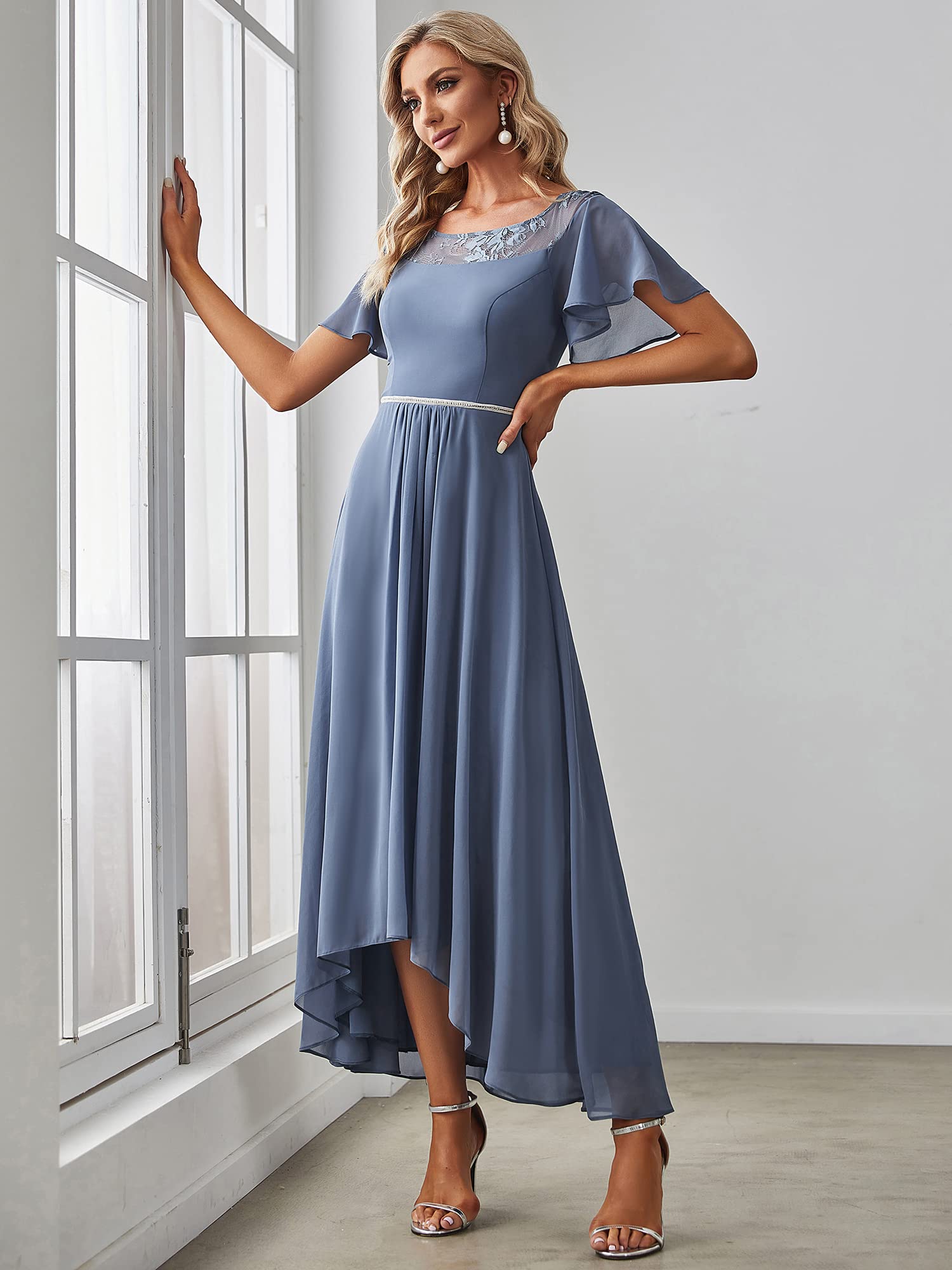 Ever-Pretty Women's Ruffles Sleeve High Low Lace Beaded Chiffon Midi Bridesmaid Gowns Wedding Guest Dress Dusty Blue US14