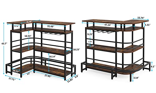 Tribesigns Home Bar Unit, L-Shaped Liquor Bar Table with 4 Glasses Holders and 4 Tier Shelves, Wine Bar Cabinet Mini Bar for Home Kitchen Pub, Freestanding Coffee Bar Table with Footrest, Rustic Brown