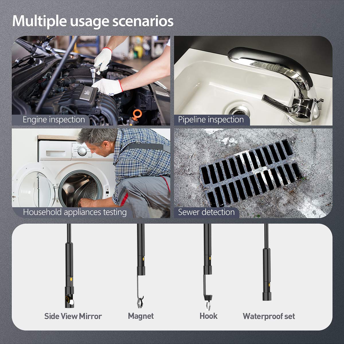 Dual Lens Endoscope,YINAMA 1080P Industrial Borescope 16.4FT Inspection Snake Camera with 32GB Card,Waterproof Semi-Rigid Cable,4.3 Inches Display Screen,6 LED Lights