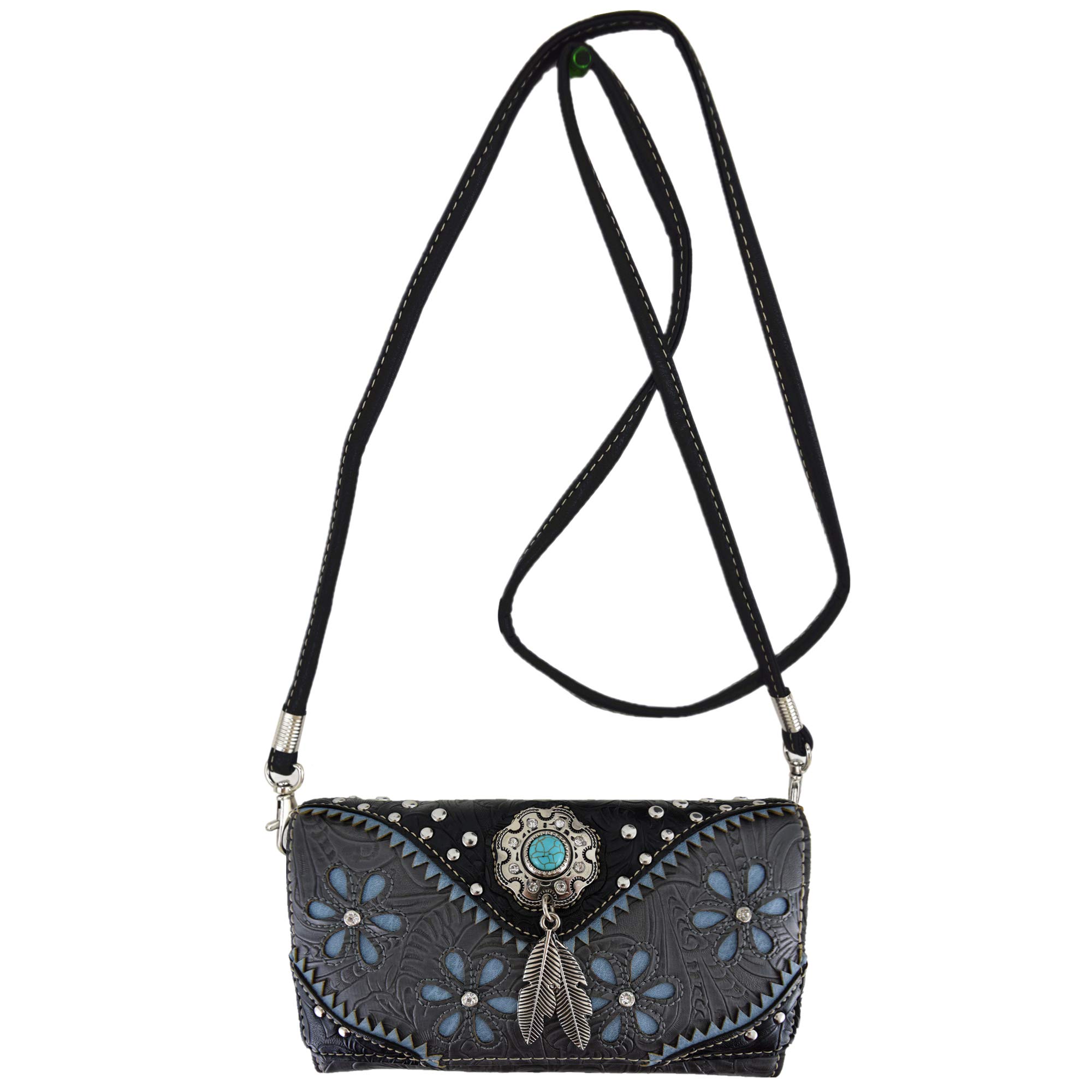 Western Feather Tooled Leather Floral Laser Cut Flower Purse Studs Single Shoulder Bag Clutch Women Trifold Wristlets Wallet (Beige)