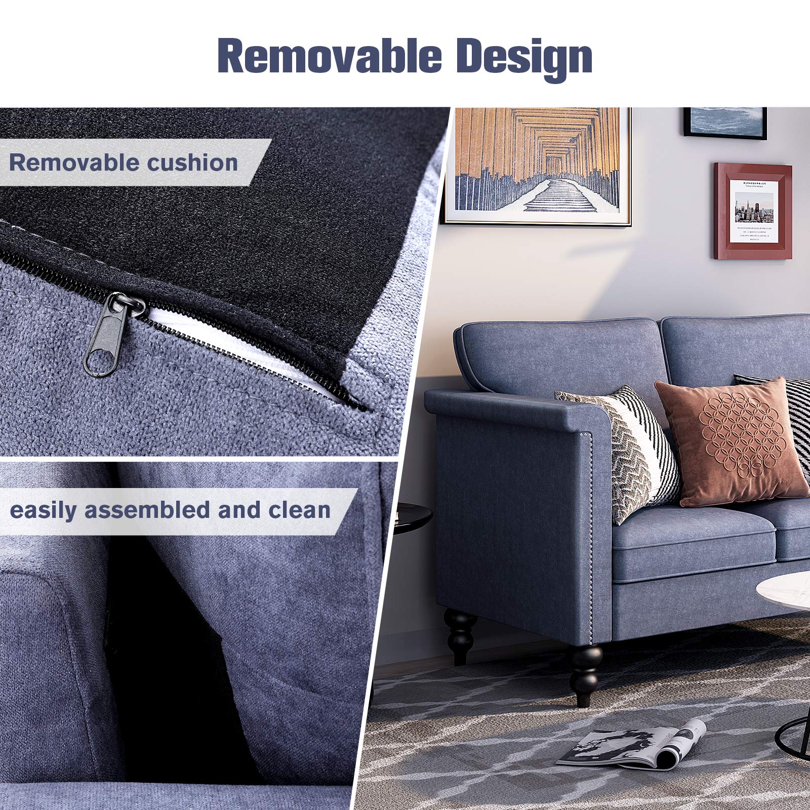 CUGBO Loveseat Sofa, Linen Modern Couch for Compact Living Space Bedroom Apartment Dorm Lounge Room Office Studio, Recliner w Removable Cushions Armrests Wood Legs (Blue Grey)