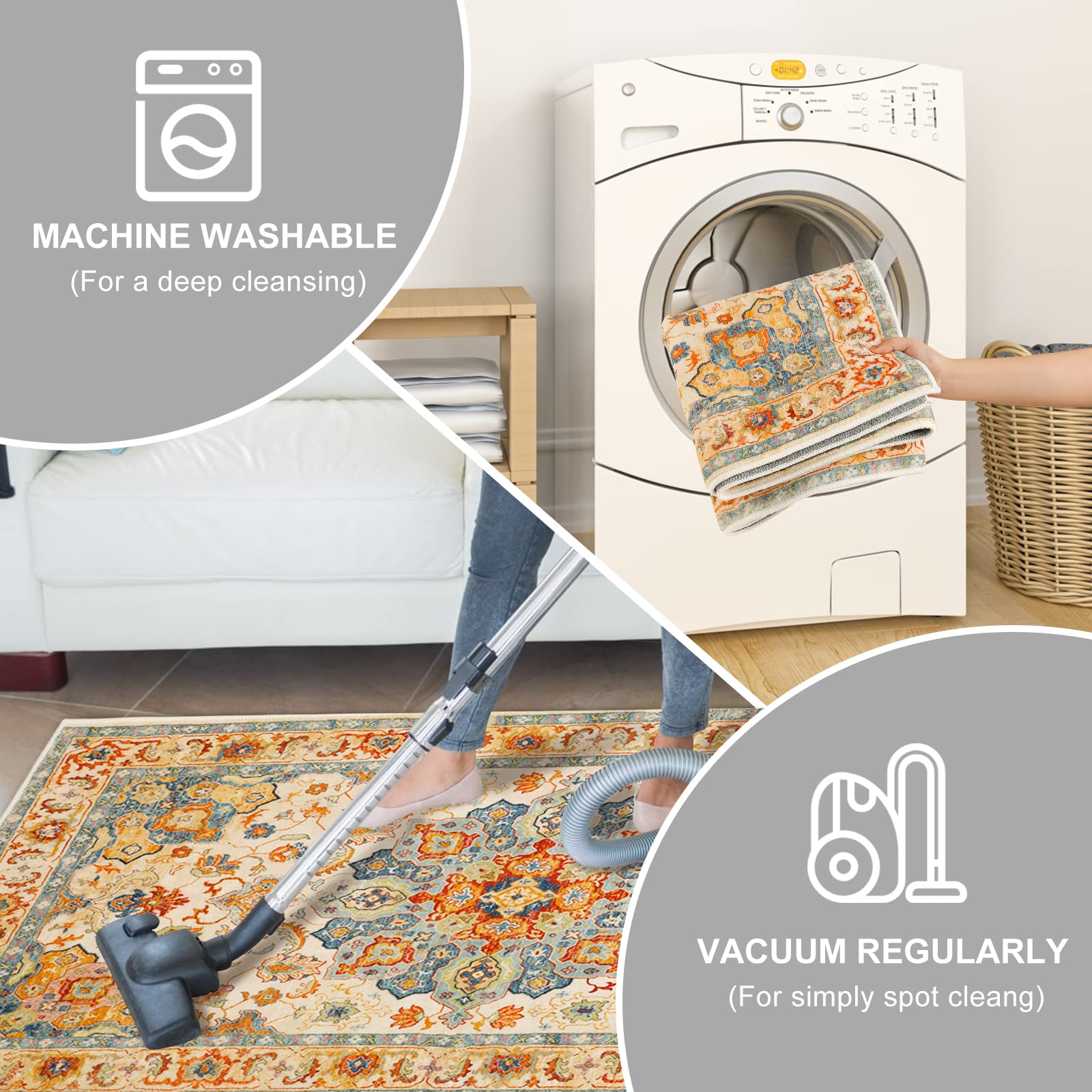 COMSLE Boho Area Rug, 4' x 6' Machine Washable Rugs for Entryway Faux Wool Large Rugs Distressed Throw Rug Non-Slip Floor Carpet for Indoor Bedroom Kitchen Living Room