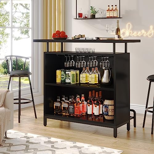 Tribesigns Home Bar Unit, 47 Inches PU Leather Bar Tables Liquor Cabinet with Wine Glasses Holder and Metal Footrest Wine Rack for Kitchen Living Room