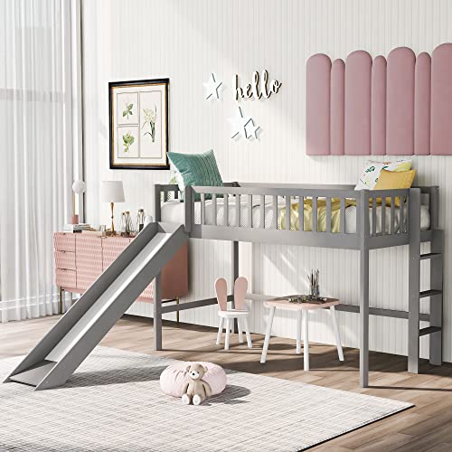TARTOP Low Loft Bed with Slide, Wood Twin Size Loft Bed Frame with Ladder and Guardrails for Kids, Toddlers, Teens, No Box Spring,Gray