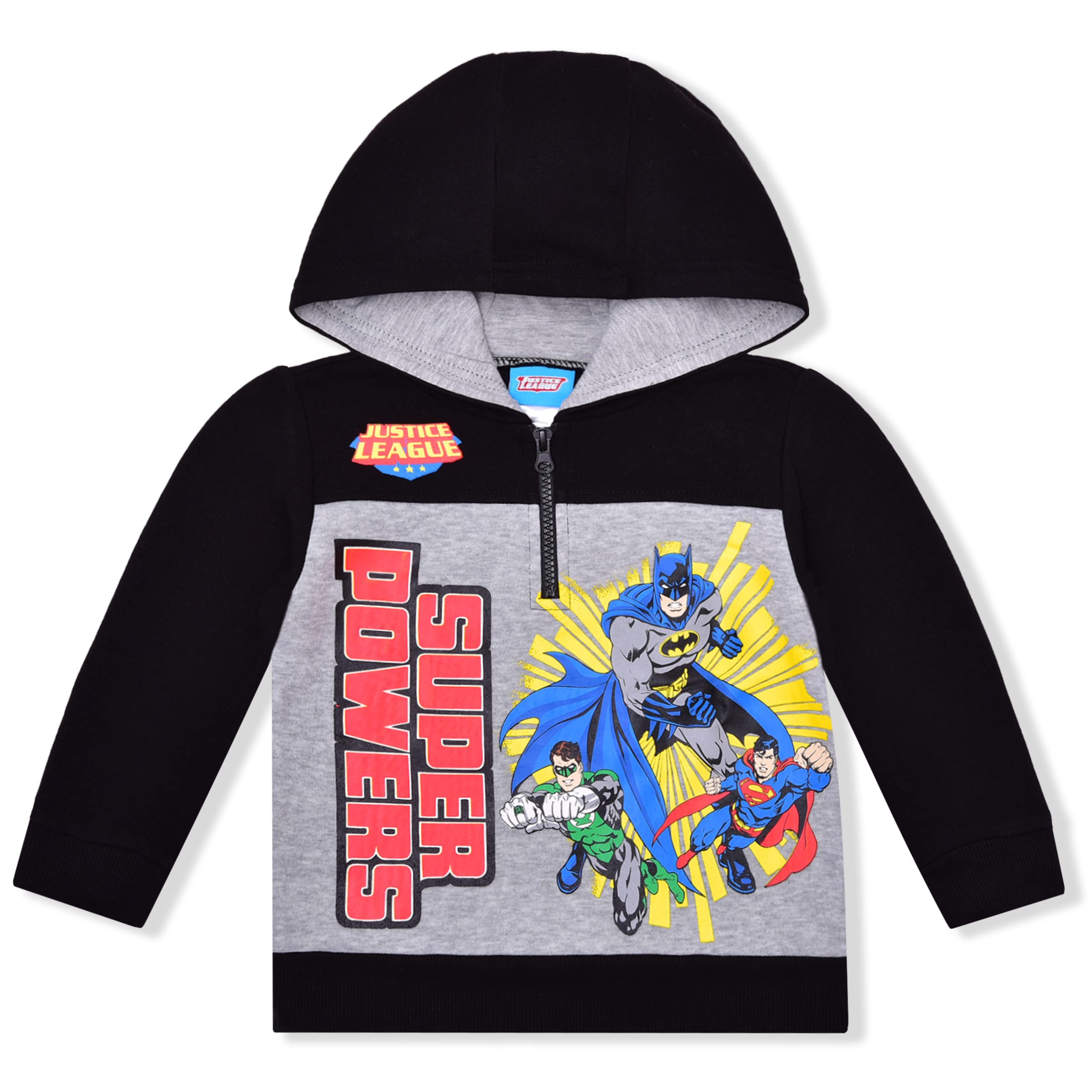 DC Comics Batman, Superman and Green Lantern Boys’ Half Zip Up Hoodie for Toddler and Little Kids – Black/Grey