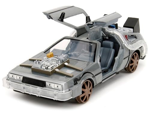 Delorean Brushed Metal Time Machine (Train Wheel Version) with Lights Back to The Future Part III (1990) Movie Hollywood Rides Series 1/24 Diecast Model Car by Jada 34996