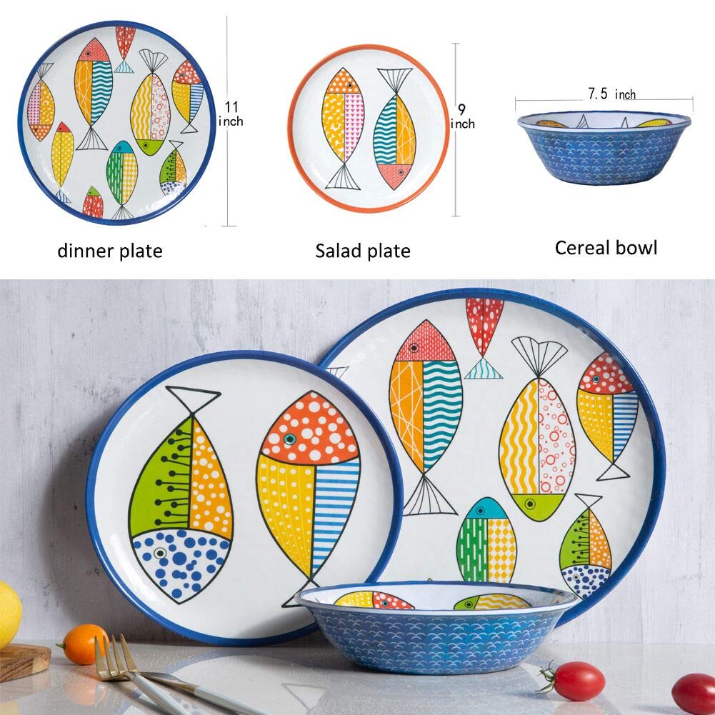Gofunfun Melamine Dinnerware set for 4, Plates and Bowls Sets, Great for Camper, RV, Indoors Outdoors Use with Ocean Printed, Unbreakable