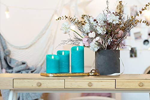 Set of 3 Realistic Flameless Turquoise LED Candles with Remote Control - 4'' 5'' 6'' Electric Wickless Pillar Battery Operated Candles with Flickering Flame Timer