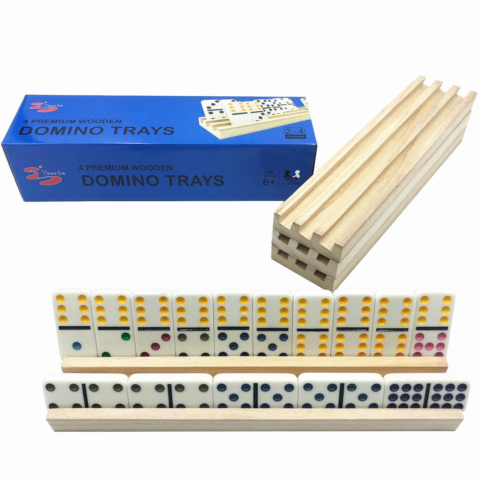 Yuanhe Domino Trays Holders Rack - Set of 4 Wooden Tiles Stand Holders Dimonos Boards for Mexican Train Rummy Chickenfoot