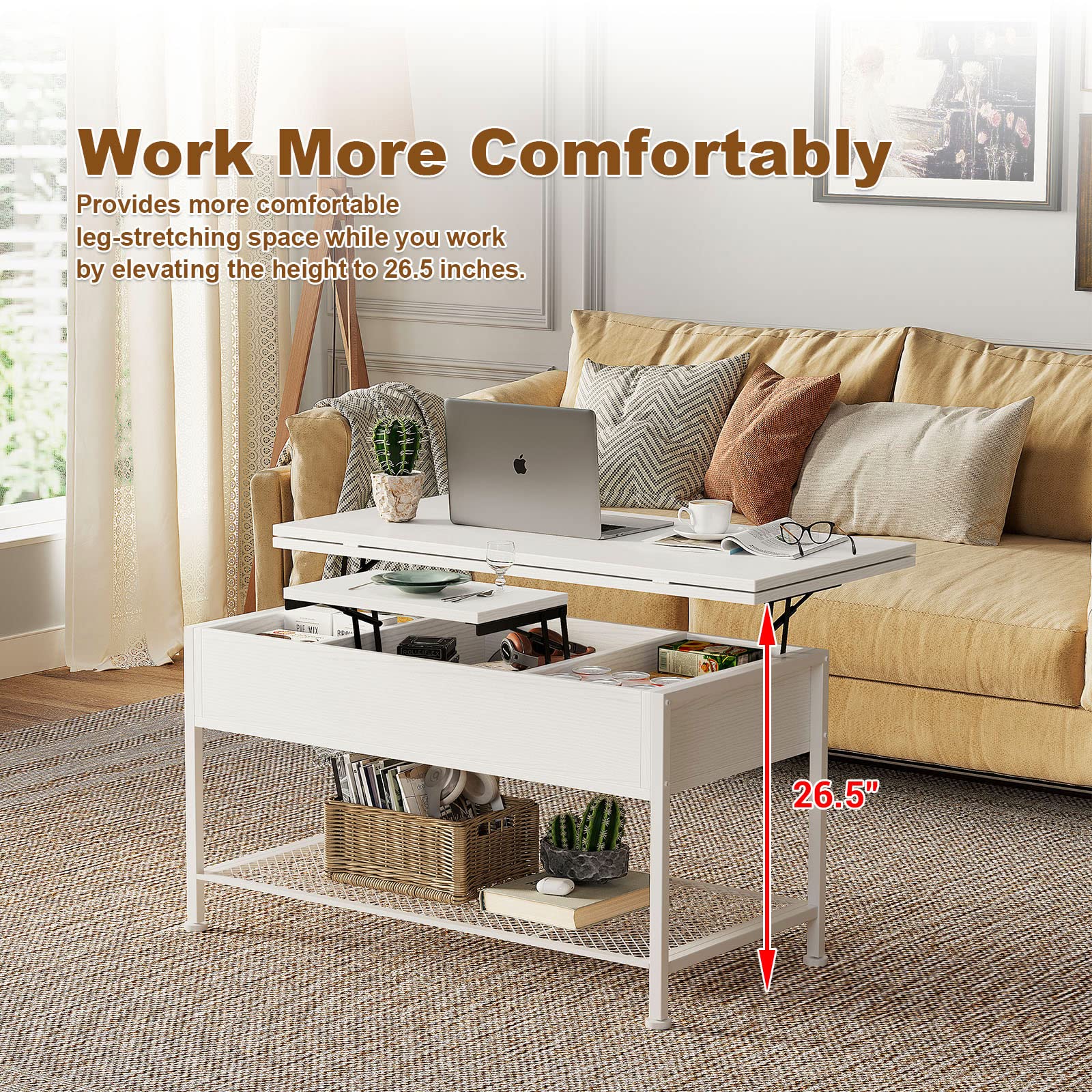 cosimates Lift Top Coffee Table ,4 in 1 Multi-Function Coffee Table with Hidden Compartment ,Convertible Dining Table for Living Room Reception,Home Office, White