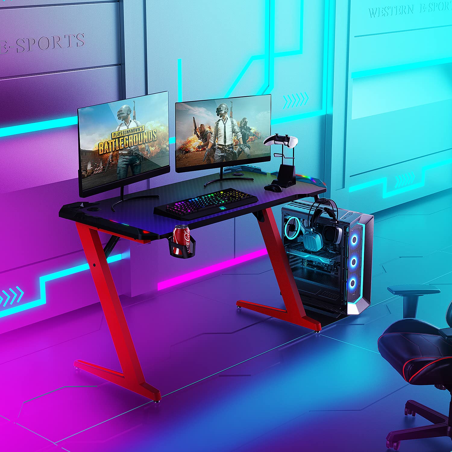 Dancing Wolf New Model Gaming Desk 47 inch with USB Gaming Handle Rack, RGB LED Light，Cup Holder & Headphone Hook (Red)