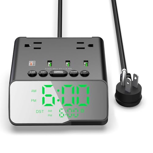 Electronic Alarm Clock with USB Charger Power Strip, 6FT Power Cord Alarm Clock Charging Station with 4 USB Ports and 2 Outlets for Bedside, Home, Hotel (Adjustable Brightness, ON/Off Switch)
