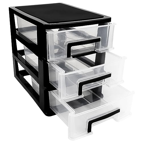LNQ LUNIQI 3 Tier Plastic Drawer Type Closet,Portable Storage Cabinet Sundries Storage Cosmetics Jewelry Storage Box for Home Office(Black &Transparent)