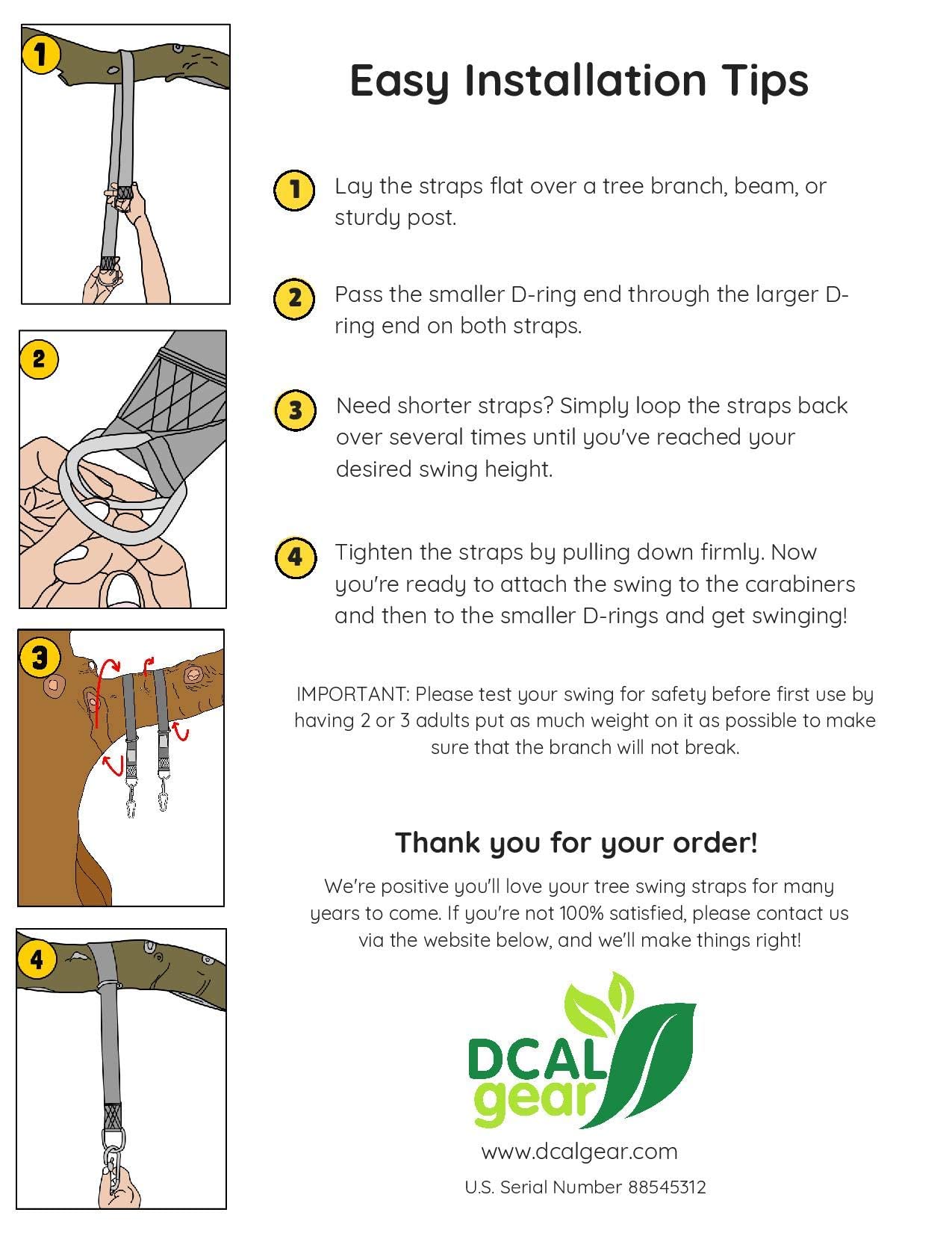 DCAL Gear Tree Swing Hanging Straps Kit - Easy & Fast Installation - 5ft Extra Long Straps Hold 2000 lb - Safer Lock Snap Carabiner Hooks Perfect to Tree Swing, Swing Sets, Tire Swing & Hammock