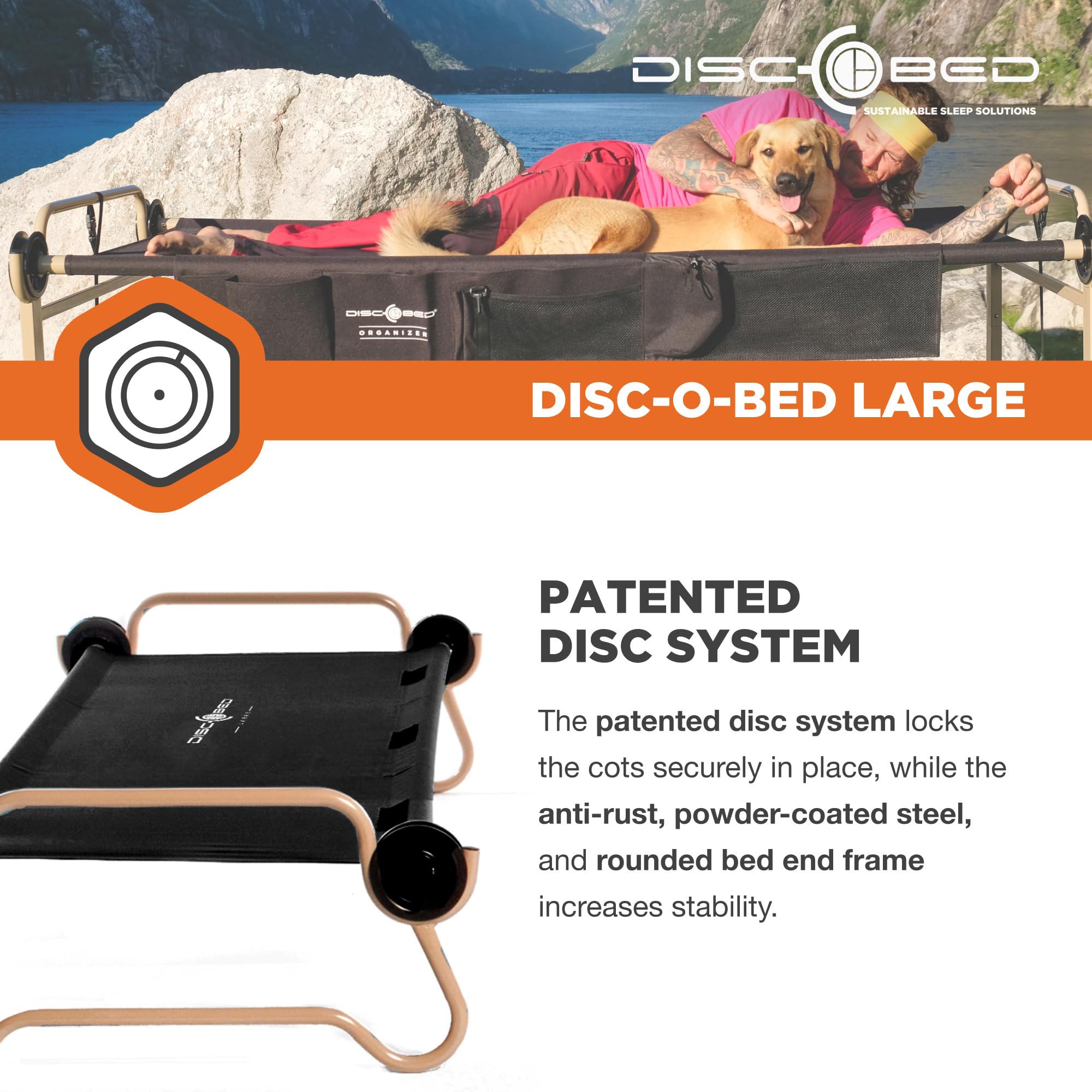 Disc-O-Bed Large, with 2 Side Organizers, Black