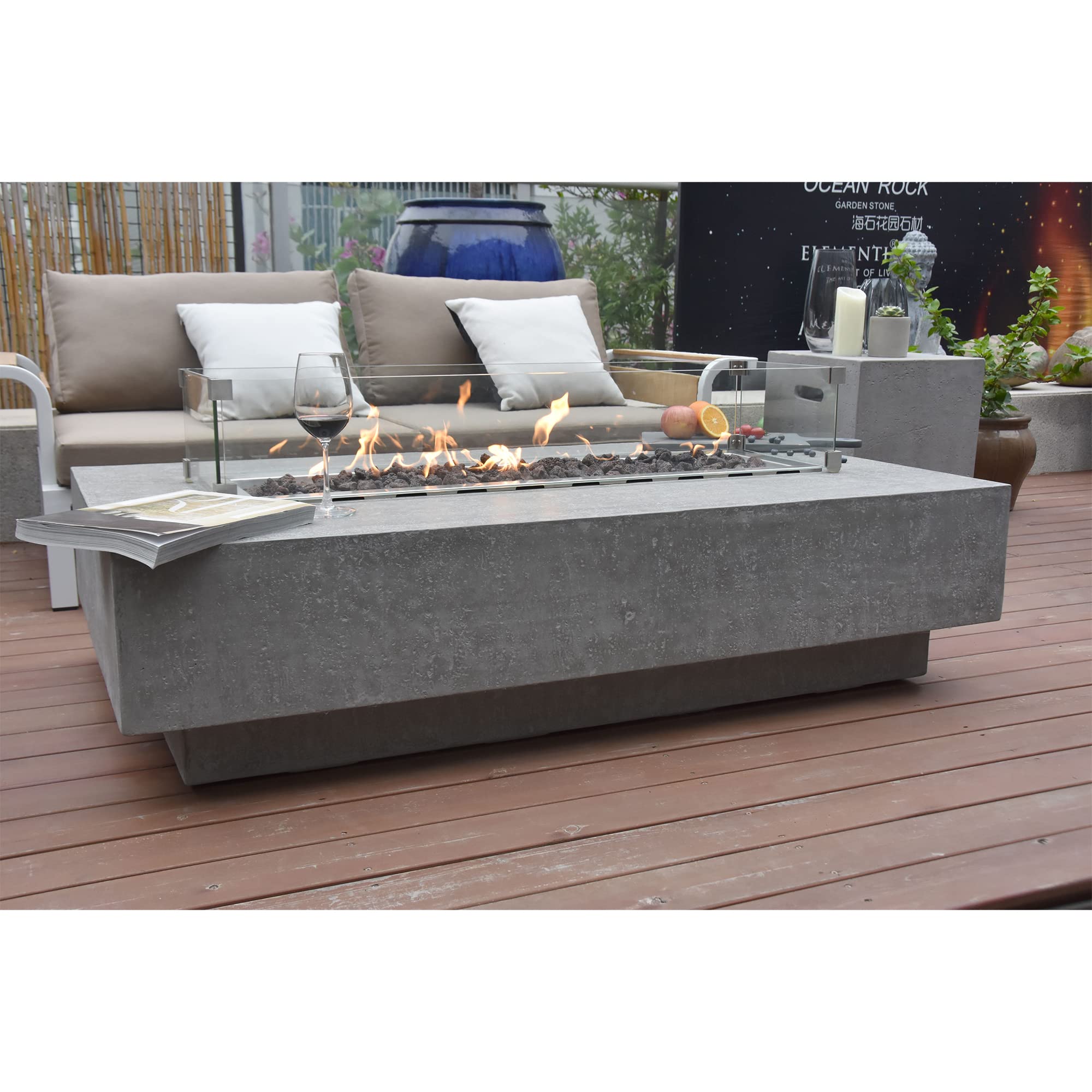 Elementi Manhattan Outdoor Gas Firepit Table 36 Inches Natural Gas Fire Pit Patio Heater Concrete High Floor Clearance Firepits Outside Electronic Ignition Backyard Fireplace Cover Lava Rock Included