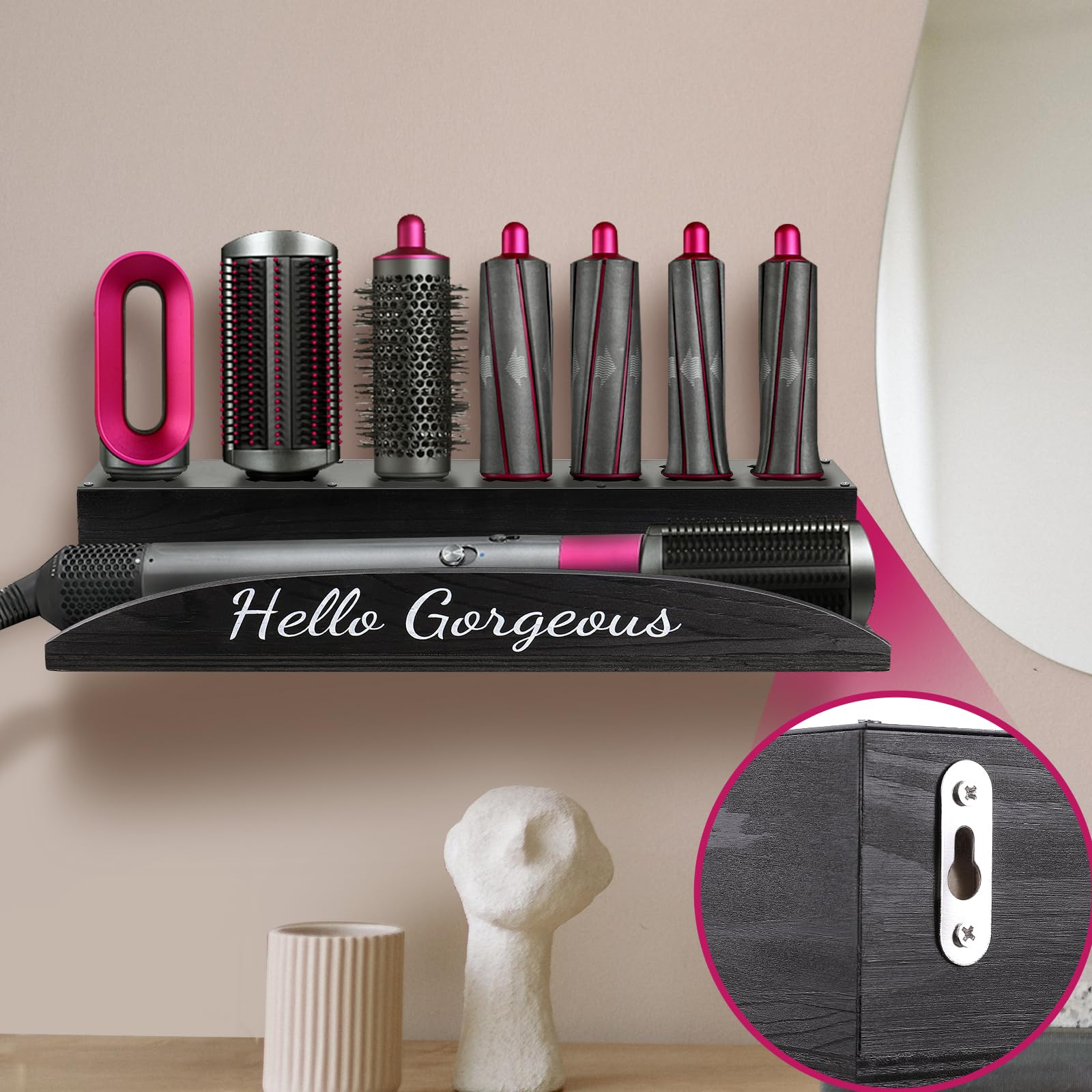 MISTOD Storage Holder for Airwrap Curling Iron Wall Mounted, Rustic Hair Dryer Stand Rack Bracket Wood Hair Wrap Styler Tools Attachments Holder for Bathroom Home Organizer - Black