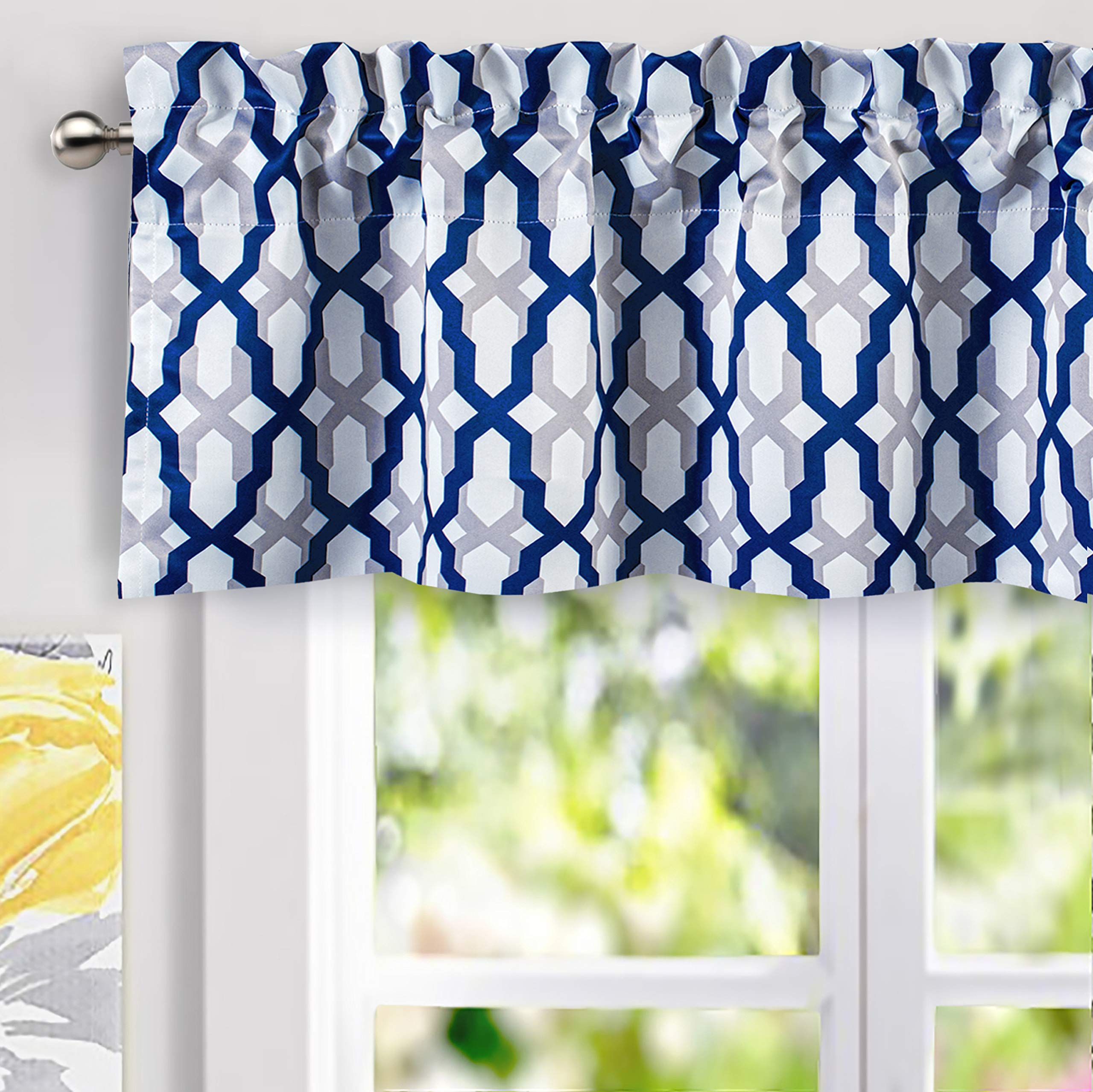 DriftAway Mason Geometric Trellis Pattern Window Curtain Valance Rod Pocket 52 Inch by 14 Inch Plus 2 Inch Header Navy