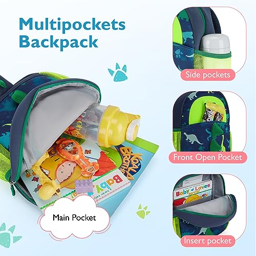 mommore Toddler Backpack, Kids Backpack with Leash, Dinosaur Backpack for Boys 2-4, Cute 3D Cartoon Preschool Kindergarten Backpacks, Green