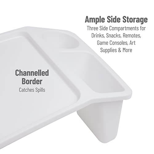 Mind Reader Sprout Collection, Portable Desk, Breakfast Tray, Laptop Desk, Side Storage Pockets with 3 Compartments for Toys, Tablets, Books, Games and Snacks, 22.25" L x 10.75" W x 8.5" H, White