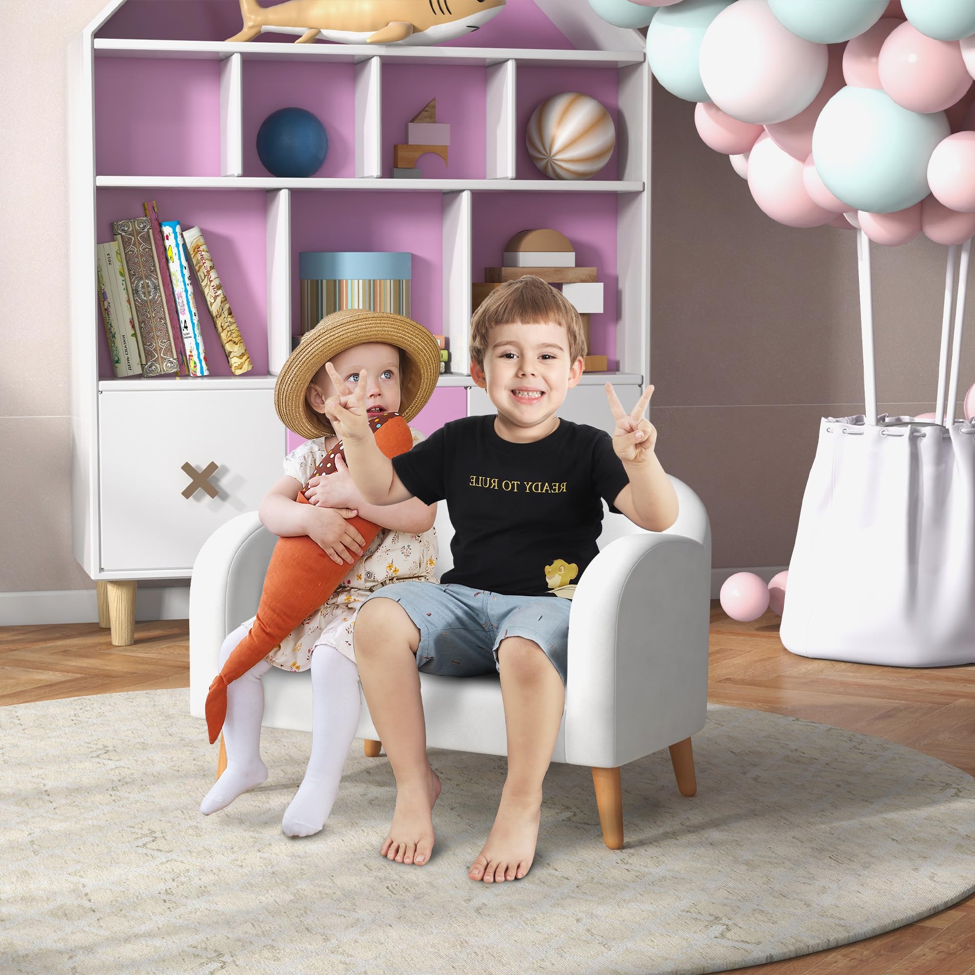 Qaba 2 Seater Kids Sofa, Cloud Shaped Children's Sofa for Nursery Playroom with Soft Foam Padding & Anti-Tipping Design, for 2-5 Years, White