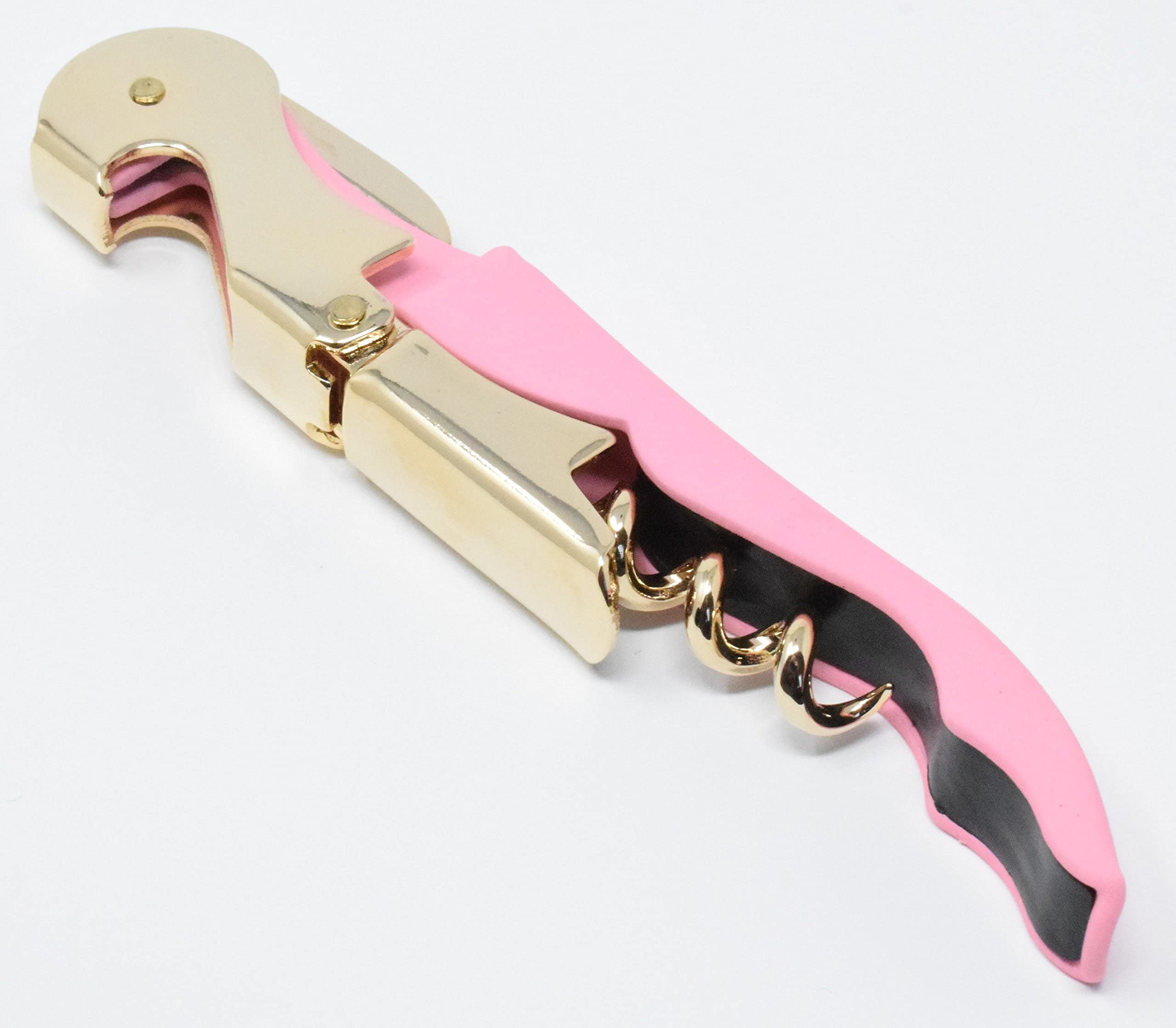 Gold and Pink Soft Velvet Touch Waiters Double Hinge Corkscrew Wine Bottle Opener