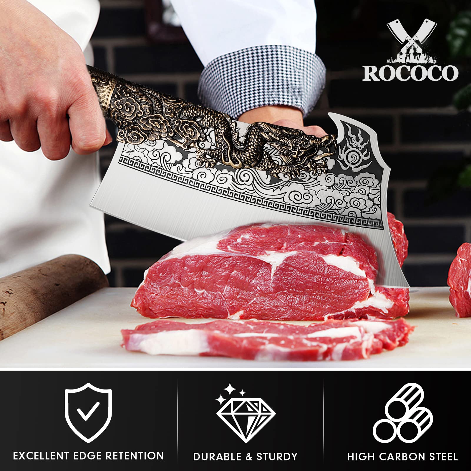 Feather Viking Knife Dragon Butcher Bone Cleaver Knife Set Boning Knife Kitchen Cleaver with Sheath for Outdoor Camping BBQ Collection Christmas Gift Men