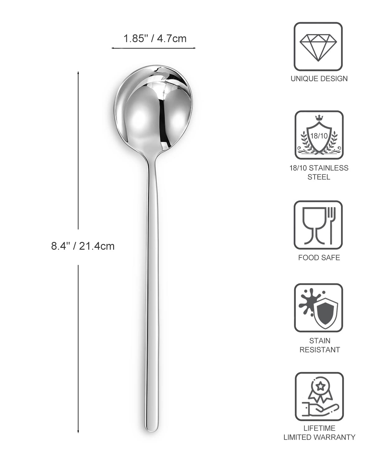 KEAWELL Premium Korean Soup Spoons with Long Handles, Set of 4, 18/10 Stainless Steel, Dishwasher Safe (Plain)