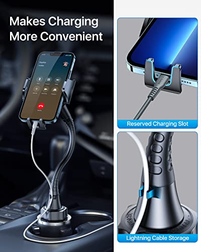 Danmus® Upgraded Car Cup Holder Phone Mount with Extendable Base, [15-in Adjustable Long Gooseneck] [Military-Grade] Car Truck Mount Compatible with iPhone 15 14 13 12 Pro Max Samsung S23 All