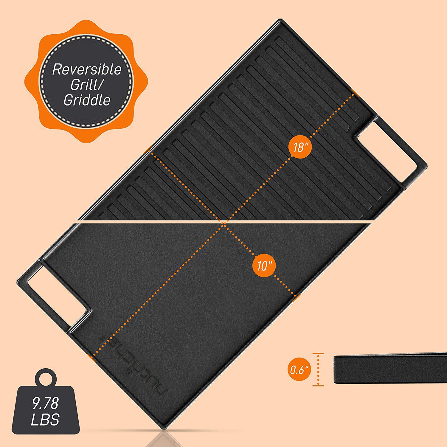NutriChef 18 Inch Cast Iron Griddle Skillet Reversible Grilling Plate Pan For Stove Top with Heat Resistant Oven Grab Mitt, Black (2 Pack)