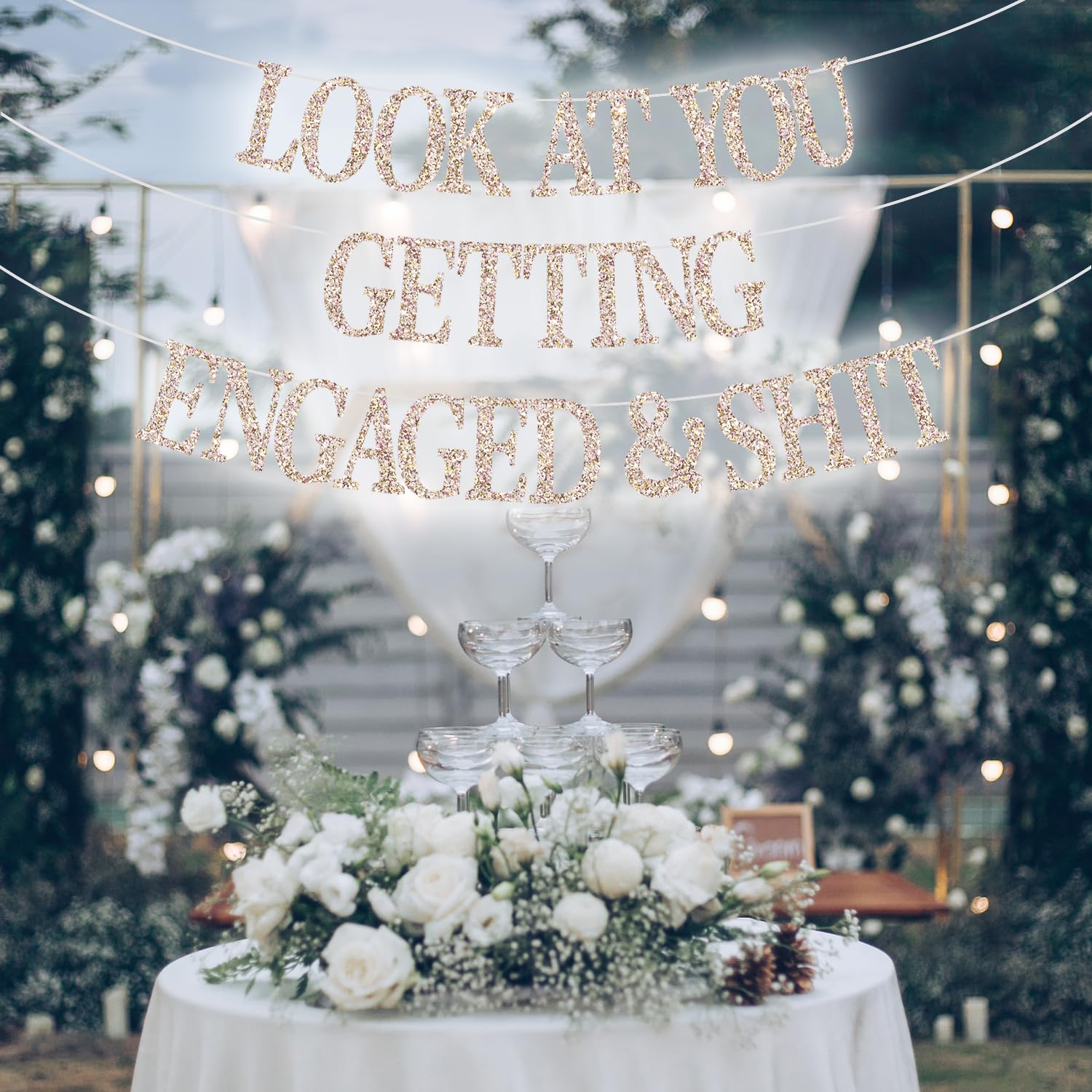 Look At You Getting Engaged & Shit Banner, Happy Engagement Banner, Bridal Shower/Wedding/Engagement/Bachelorette Party Decorations Supplies Glitter
