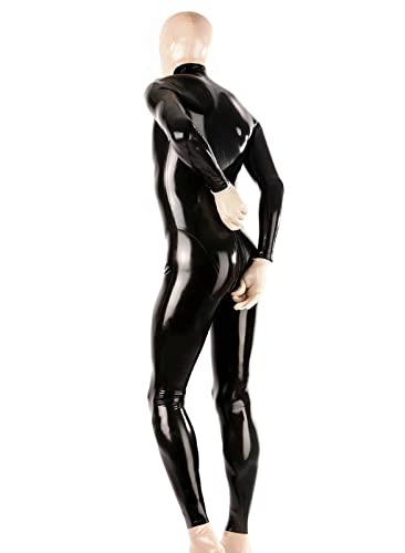 Sexy Black Latex Catsuit with Front Zip and Crotch Zip Rubber Jumpsuit Handmade Imitation Uniform Bodysuit W/o Hood,Black,Women-S