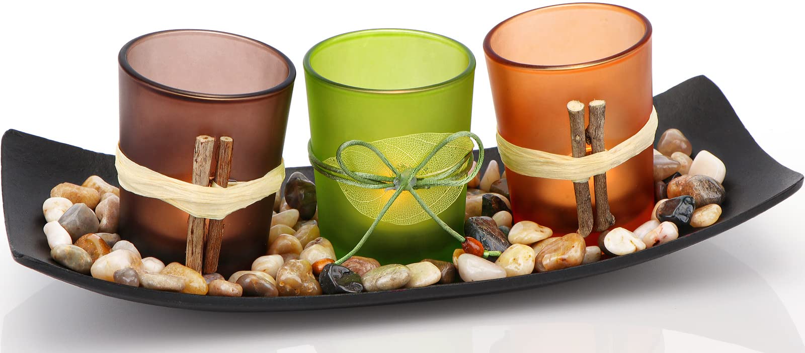 DARJEN Votive Candle Holders with Rocks and Tray, Vintage Candlescape Set of 3, Natural Tea Lights Candle Holders for Home Table Decor, Housewarming