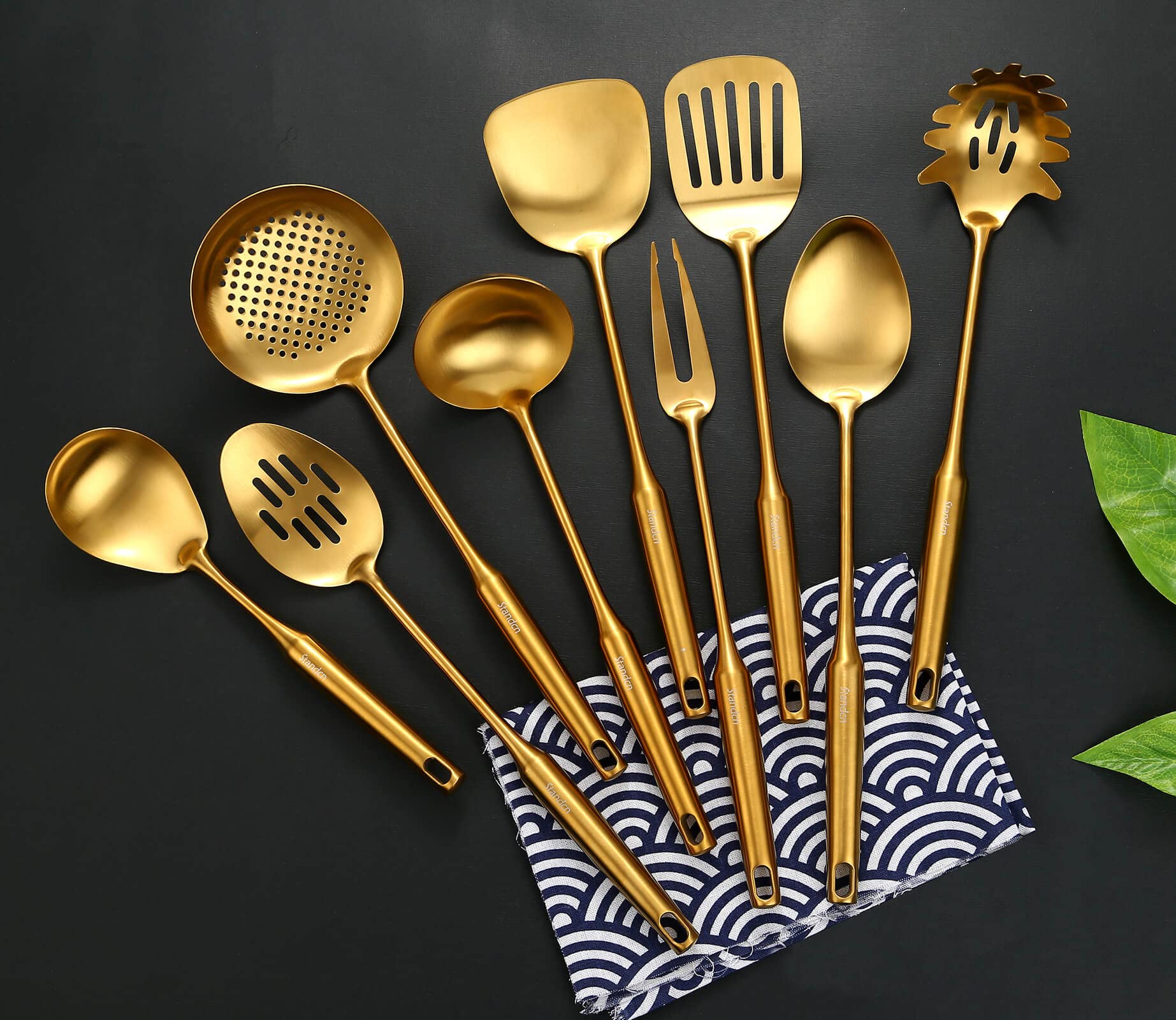 Gold Kitchen Utensils Set, Standcn 9 PCS 304 Stainless Steel All Metal Cooking Tools with Meat Fork, Solid Spoon, Slotted Spoon, Spatula, Ladle, Skimmer, Slotted Spatula, Spaghetti Server, Large Spoon