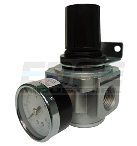 HEAVY DUTY IN-LINE COMPRESSED AIR PRESSURE REGULATOR FOR AIR COMPRESSOR, 7 TO 215 PSI ADJUSTABLE, HIGH FLOW RATE, WALL BRACKET AND GAUGE INCLUDED (3/4" NPT, 140 CFM)