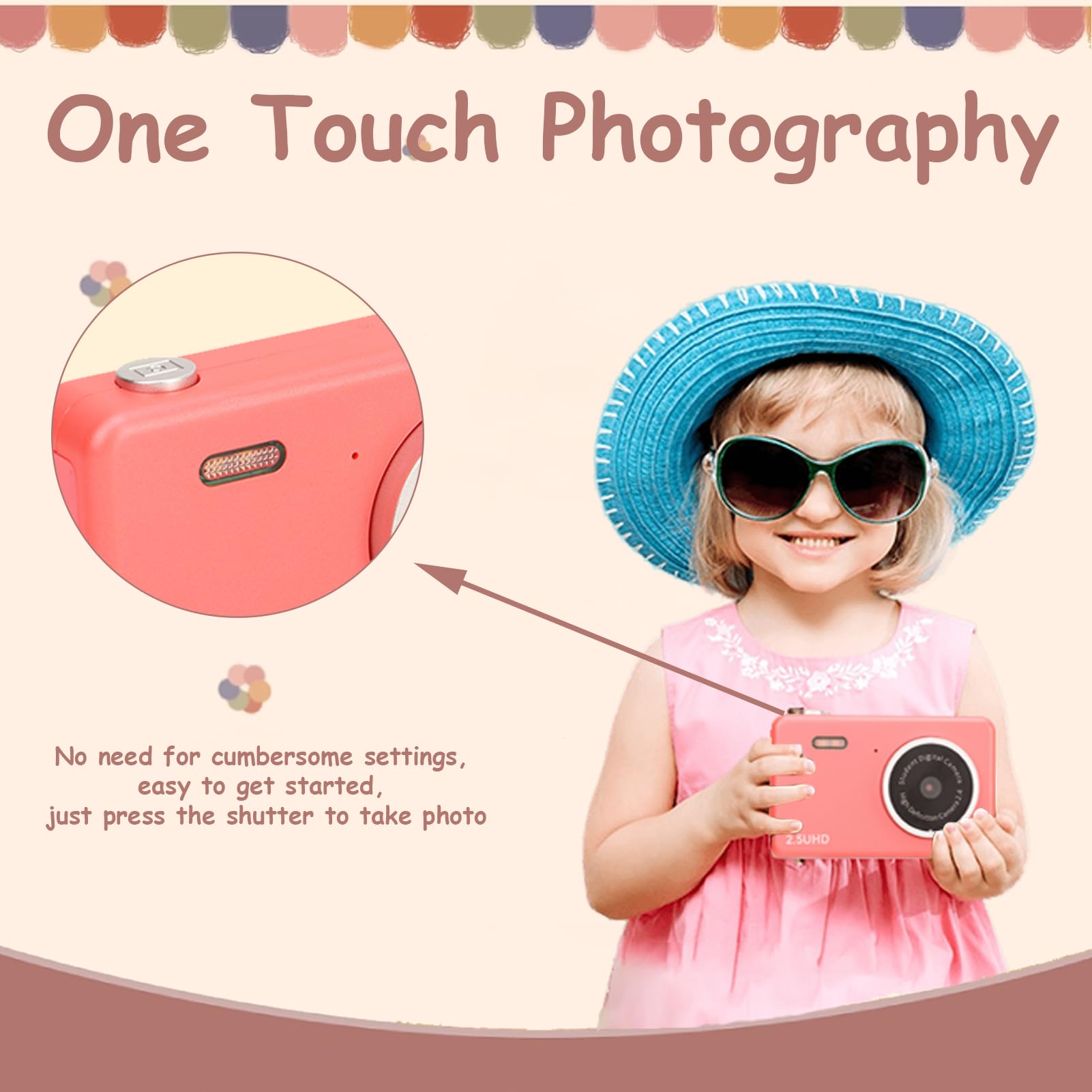 Compact Cute Dual Lens Digital Camera, 2.5K HD Selfie Camera with 8X Zoom for Students (Pink)