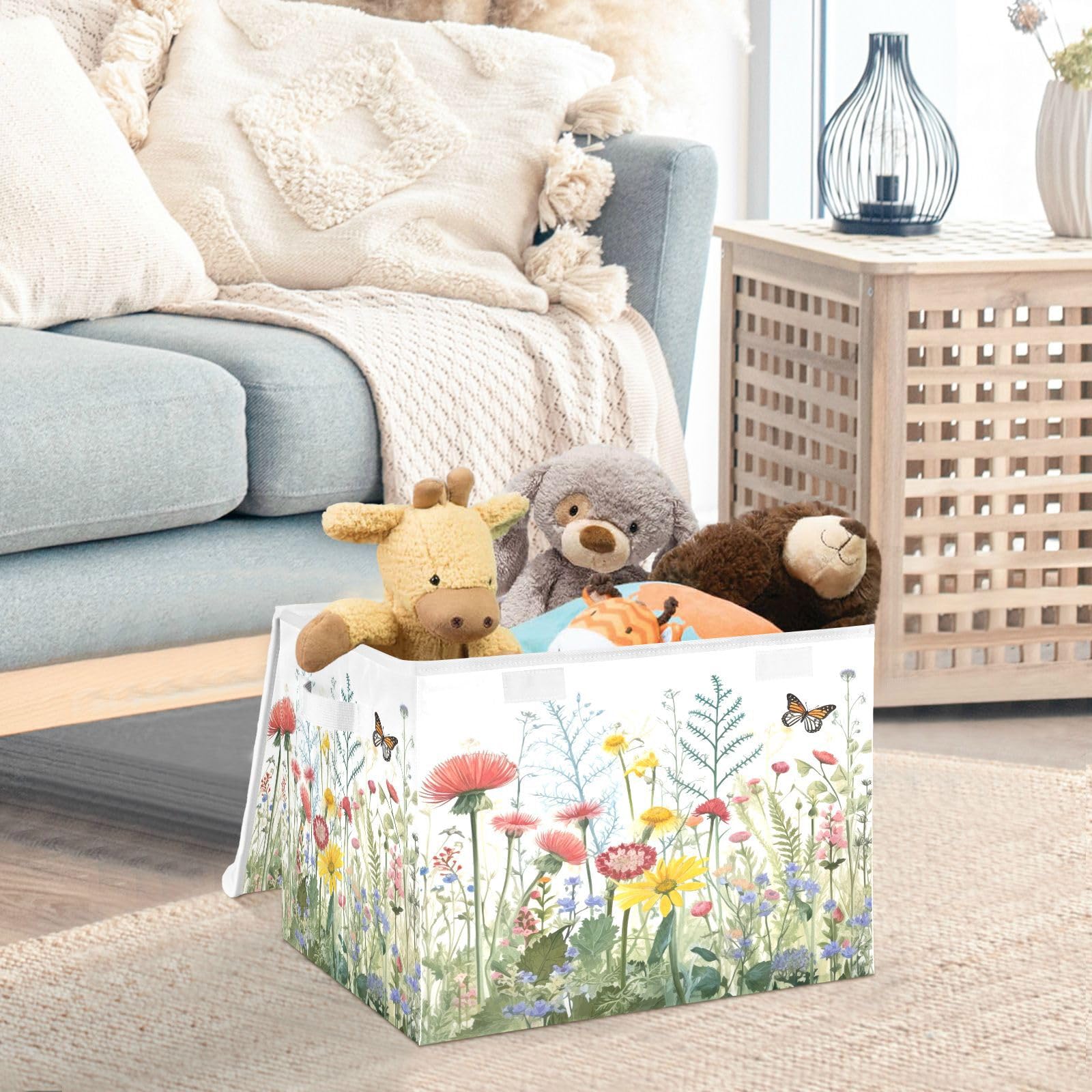 KEEPREAL Wildflowers Butterfly Storage Basket Bin with lid, Large Cube Storage Box Collapsible Storage Organizer for Home Office Closet - 16.5 L x 12.6 W x 11.8 H(51)