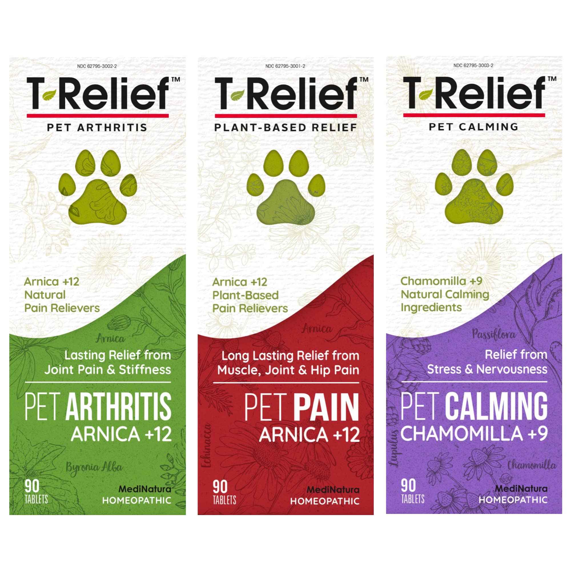 MediNatura T-Relief Pet Arthritis Pain Relief 90ct Tablets, T-Relief Pet Pain Relief 90ct Tablets and T-Relief Pet Calming with Chamomile 90ct Tablets Bundle
