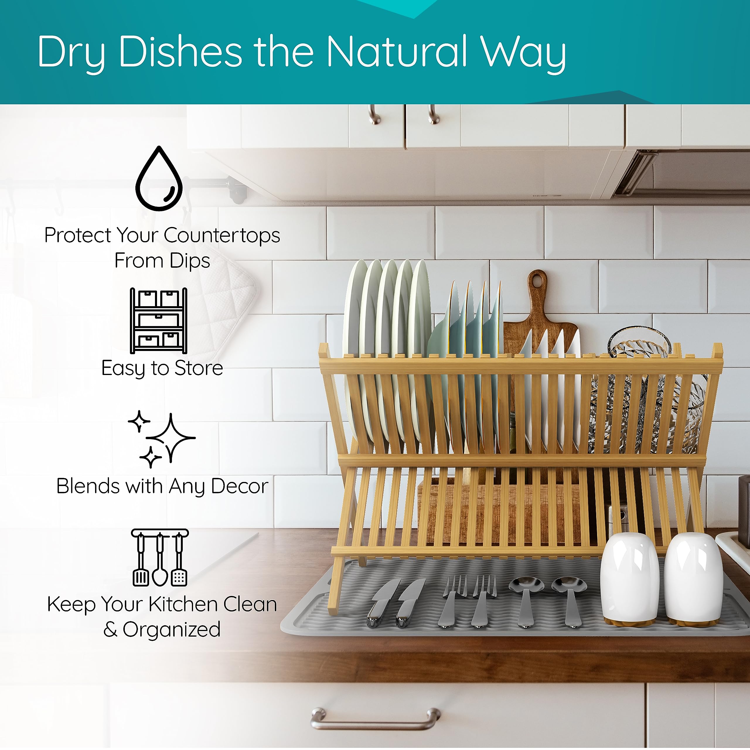 Compact Dish Drying Mat and Bamboo Dish Rack Combination Set (Grey Silicone, Bamboo Rack)