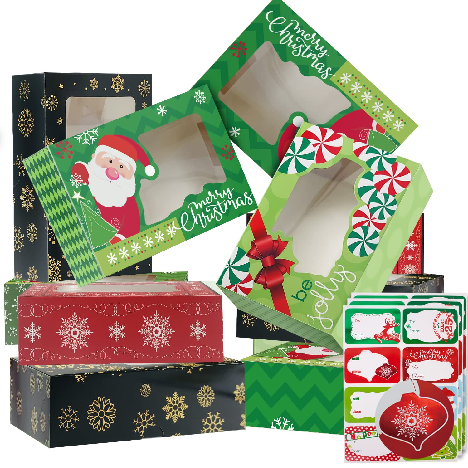 Party Funny 12 Christmas Cookie Boxes -Large Holiday Bakery Food Container for Gift Giving with 80 Count Christmas Foil Gift Stickers
