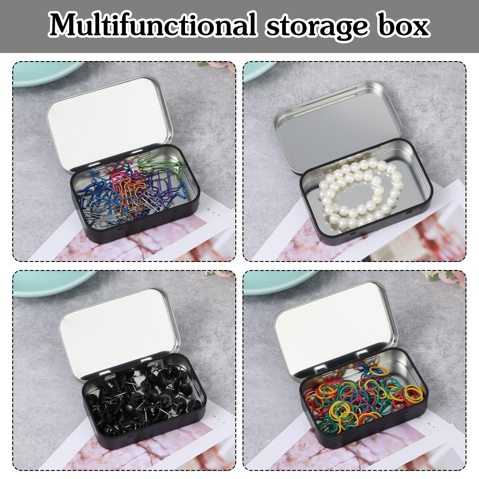 Qianyu Mini Portable Storage Organizer Rectangular Empty Hinged Tin Box Containers Small Container Tins with Lid Black Home Storage Boxes for Candies Key Earrings Jewelry Crafts Drawing Pin