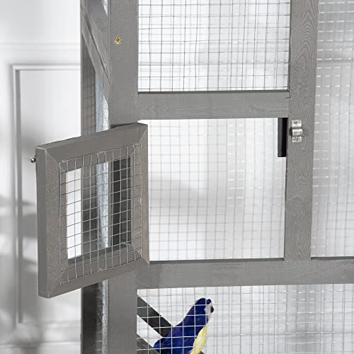 PawHut 65" Wooden Bird Cage Outdoor Aviary House for Parrot, Parakeet, with Pull Out Tray and 2 Doors, Grey