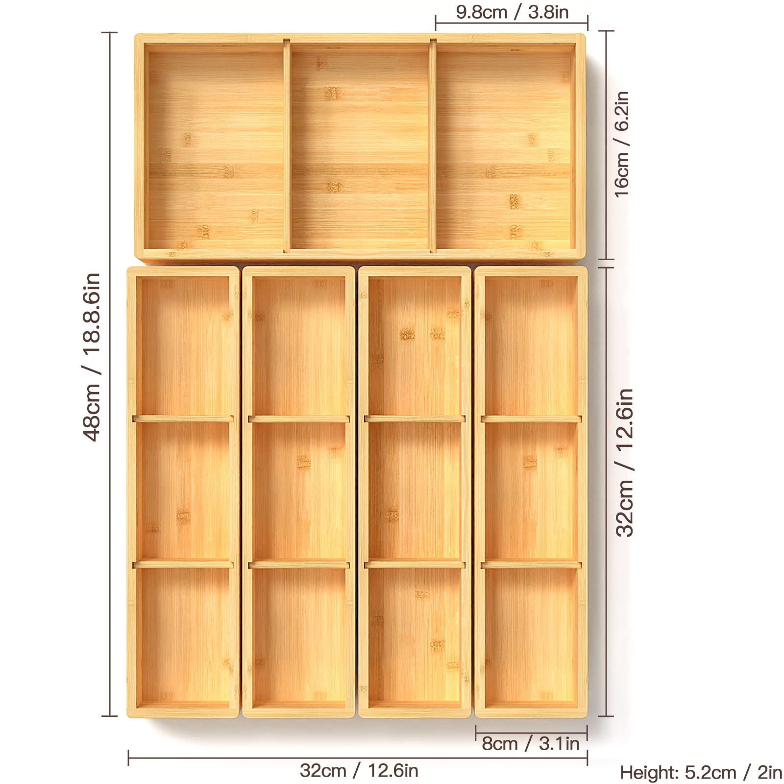 DUJEN 5 PCS Bamboo Drawer Organizer for Silverware Organizer 18'' X 12'' X 2', Adjustable 3 Individual Storage Box for Stackable Utensil Organizer, Flatware Kitchen Storage and Organizer