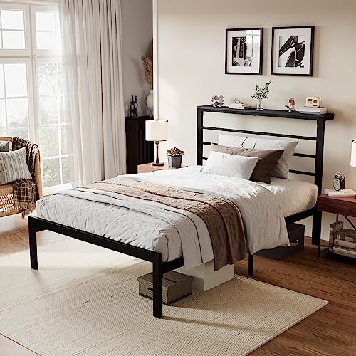 SHA CERLIN Twin Size Bed Frame with Headboard Shelf, Heavy Duty Platform Bed Frame with Strong Metal Foundation, No Box Spring Needed, Black